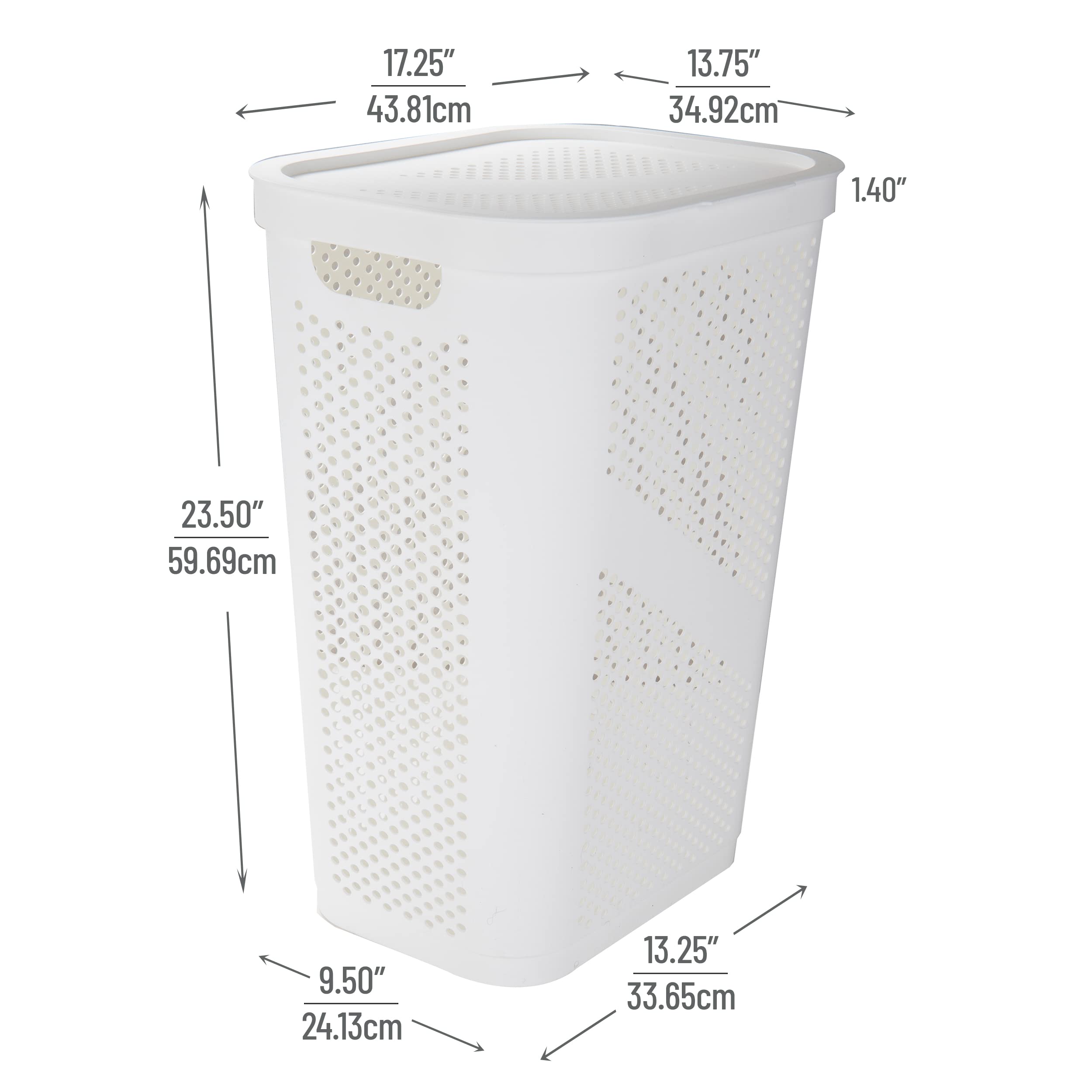 Mind Reader 60L Slim Laundry Hamper, Clothes Basket, Lid, Ventilated, Plastic, 17.25"L x 13.75"W x 23.5"H, White
