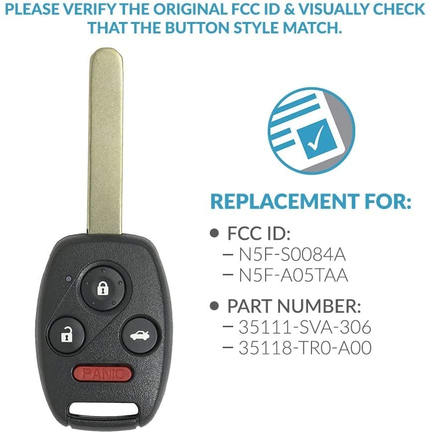 [1 PCS]Doiplent N5F-S0084A Key Fob Replacement Keyless Entry Remote Control Uncut Ignition Transponder Key for Honda 2006-2013 Civic EX EX-L SI