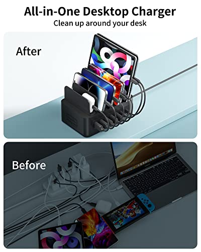 100W USB C Charging Station for Multiple Devices, Nexwell 7-Ports Smart USB Charging Docking Organizer Compatible with MacBook Air, iPhone, iPads, Samsung, Android Phone and Tablets (Cables Included)