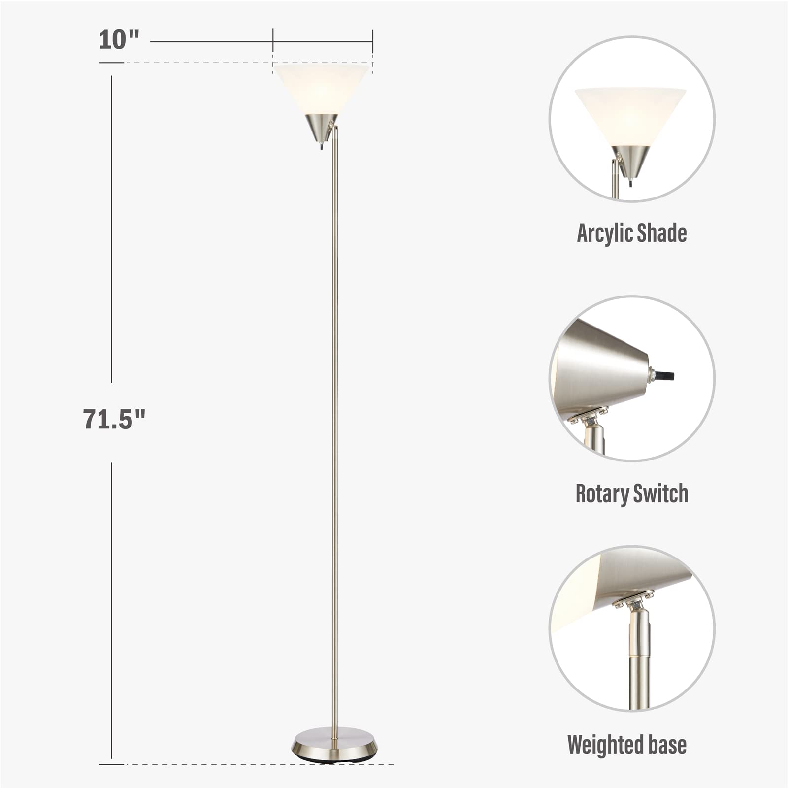 HonoDing Floor Lamp Standing Lamp Adjustable Head Arcylic Shade Floor Lamps for Living Room/Office/Bedroom (Satin Nickel)
