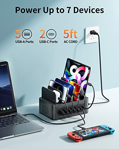 100W USB C Charging Station for Multiple Devices, Nexwell 7-Ports Smart USB Charging Docking Organizer Compatible with MacBook Air, iPhone, iPads, Samsung, Android Phone and Tablets (Cables Included)