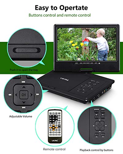 UEME Portable DVD Player for Car with 10.1" HD Swivel Display Screen, Car Charger, Support CD/DVD/SD Card/USB, Car Headrest Holder, Improved Button Design