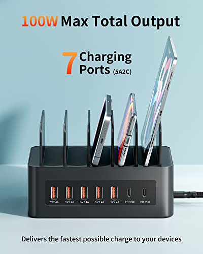 100W USB C Charging Station for Multiple Devices, Nexwell 7-Ports Smart USB Charging Docking Organizer Compatible with MacBook Air, iPhone, iPads, Samsung, Android Phone and Tablets (Cables Included)