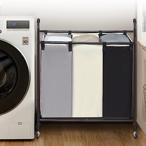 VEVOR 3-Sections Laundry Basket, Heavy Duty Laundry Hamper Storage Organizer, Laundry Sorter Cart with Heavy Duty Lockable Wheels for Dirty Clothes in Laundry Room Bedroom