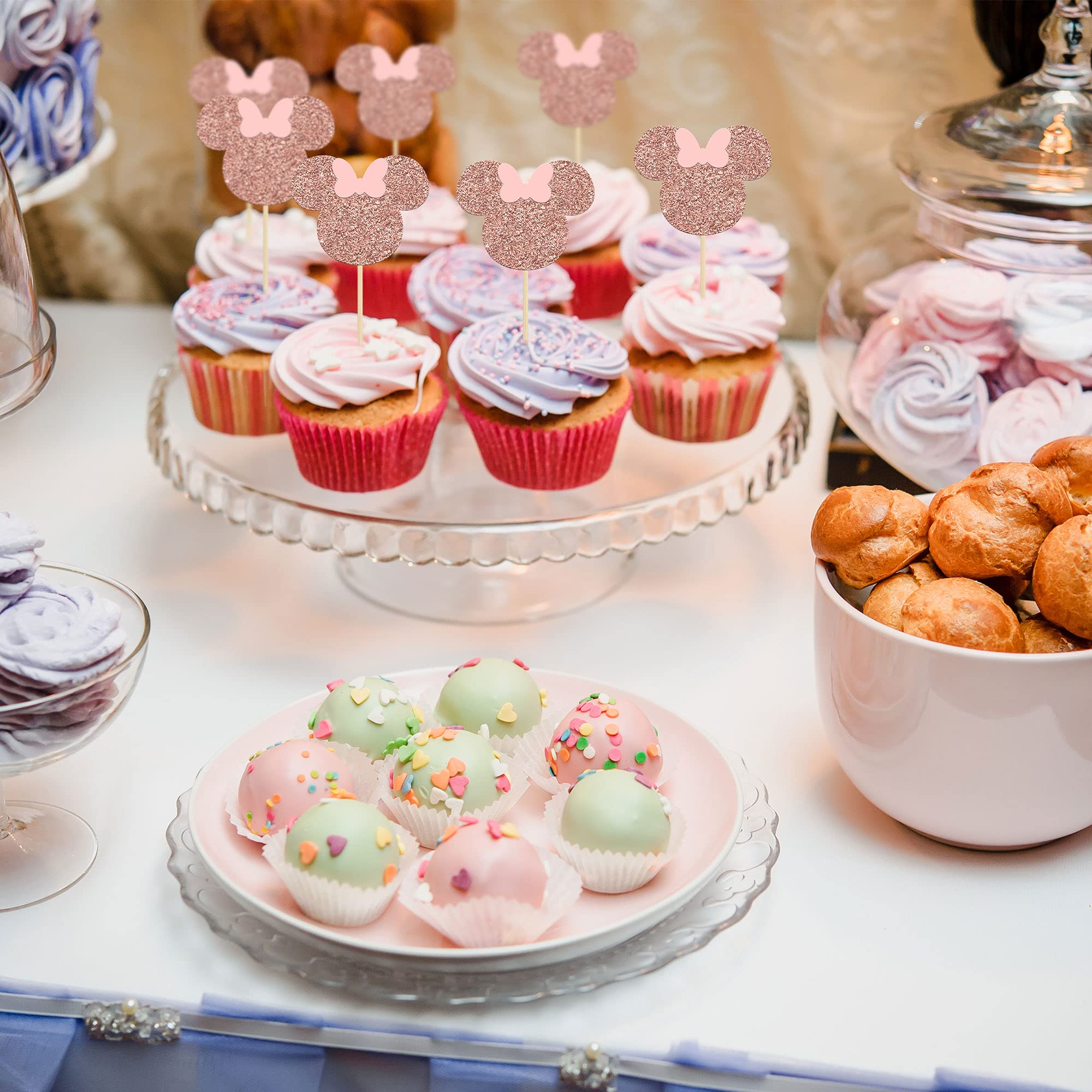 Gyufise 36Pcs Mouse Inspired Cupcake Toppers with Pink Bow Rose Gold Glitter Mini Mouse Cupcake Picks Decorations for Baby Shower Wedding Kids Birthday Party Supplies