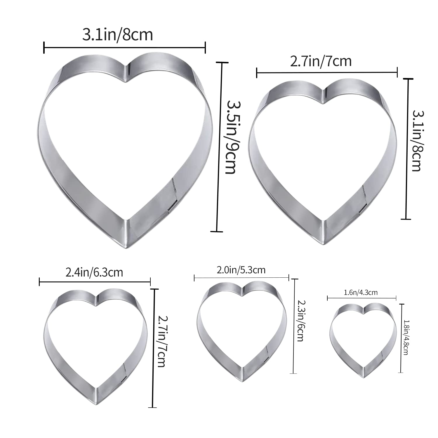 Kukifun Heart Cookie Cutters 5Pcs, Stainless Steel Heart Shape Biscuit Cutter for Cookie Biscuit Bread Sandwiches Vegetable Decoration,Unique DIY molds for Baby Shower Wedding Birthday Party