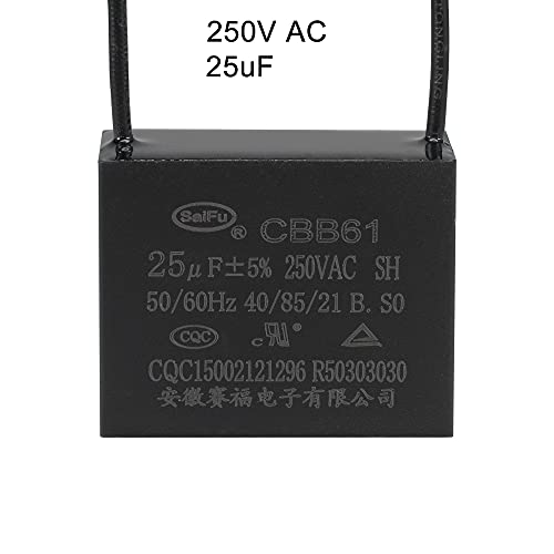 uxcell Ceiling Fan Capacitor CBB61 25uF 250V AC 2 Wires Metallized Polypropylene Film Capacitor 48x38x26mm for Electric Fan Pump Motor Generator