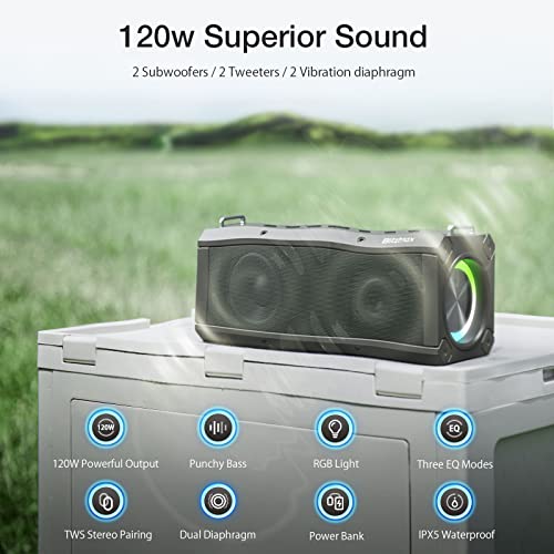 BlitzMax WA3 PRO 120W 360° Surround Stereo TWS Portable Wireless Bluetooth 5.0 Mini Speaker with Microphone,Waterproof,4 RGB Light,3 EQ Modes,Power Bank,DSP Technology,Outdoor Travel Party,AUX TF USB