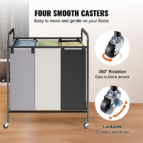 VEVOR 3-Sections Laundry Basket, Heavy Duty Laundry Hamper Storage Organizer, Laundry Sorter Cart with Heavy Duty Lockable Wheels for Dirty Clothes in Laundry Room Bedroom