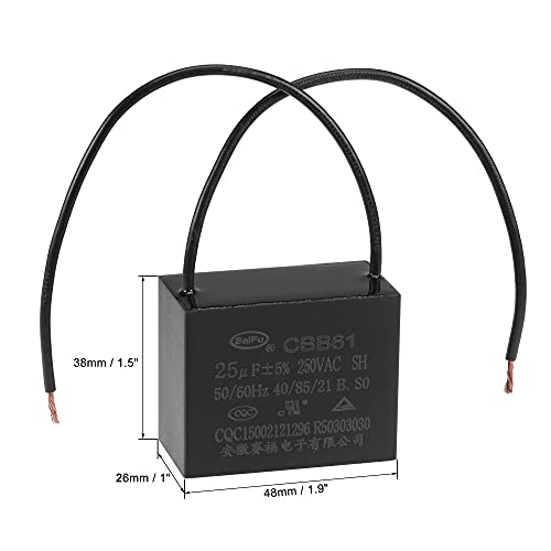 uxcell Ceiling Fan Capacitor CBB61 25uF 250V AC 2 Wires Metallized Polypropylene Film Capacitor 48x38x26mm for Electric Fan Pump Motor Generator