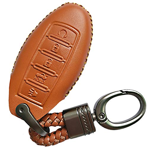 Hand Sewing 5 Buttons Leather Key Fob Cover Case Remote Holder Bag for 2017 2018 Nissan Rogue Maxima Altima Sedan Pathfinder Brown