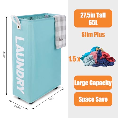 Caroeas X-Large Slim Laundry Baskets 27" Tall with Leather Handle (7 Colors), Laundry Basket on Wheels, Collapsible Laundry Hamper, Rolling Hamper Dorm Baskets