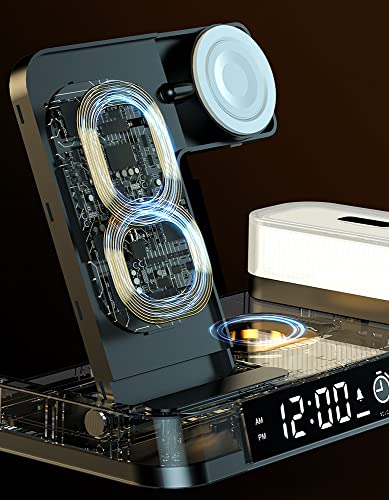 Tuocalo Wireless Charger, 4 in 1 Wireless Charging Station with LED Night Light, Digital Clock, Alarm Clock for AirPods & Watch, Apple iPhone, Samsung Galaxy, and All Qi-Enabled Devices (Black)