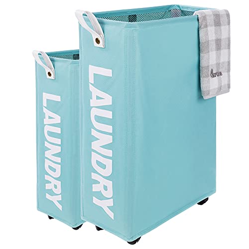 Caroeas X-Large Slim Laundry Baskets 27" Tall with Leather Handle (7 Colors), Laundry Basket on Wheels, Collapsible Laundry Hamper, Rolling Hamper Dorm Baskets