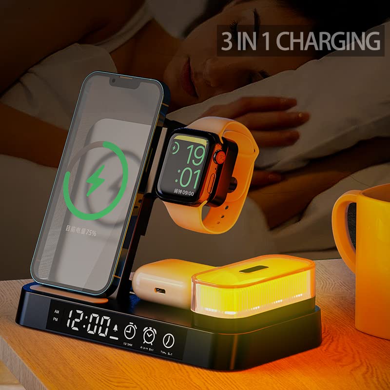 Tuocalo Wireless Charger, 4 in 1 Wireless Charging Station with LED Night Light, Digital Clock, Alarm Clock for AirPods & Watch, Apple iPhone, Samsung Galaxy, and All Qi-Enabled Devices (Black)
