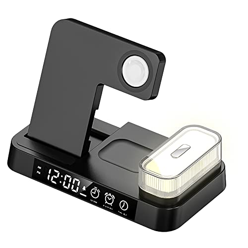 Tuocalo Wireless Charger, 4 in 1 Wireless Charging Station with LED Night Light, Digital Clock, Alarm Clock for AirPods & Watch, Apple iPhone, Samsung Galaxy, and All Qi-Enabled Devices (Black)