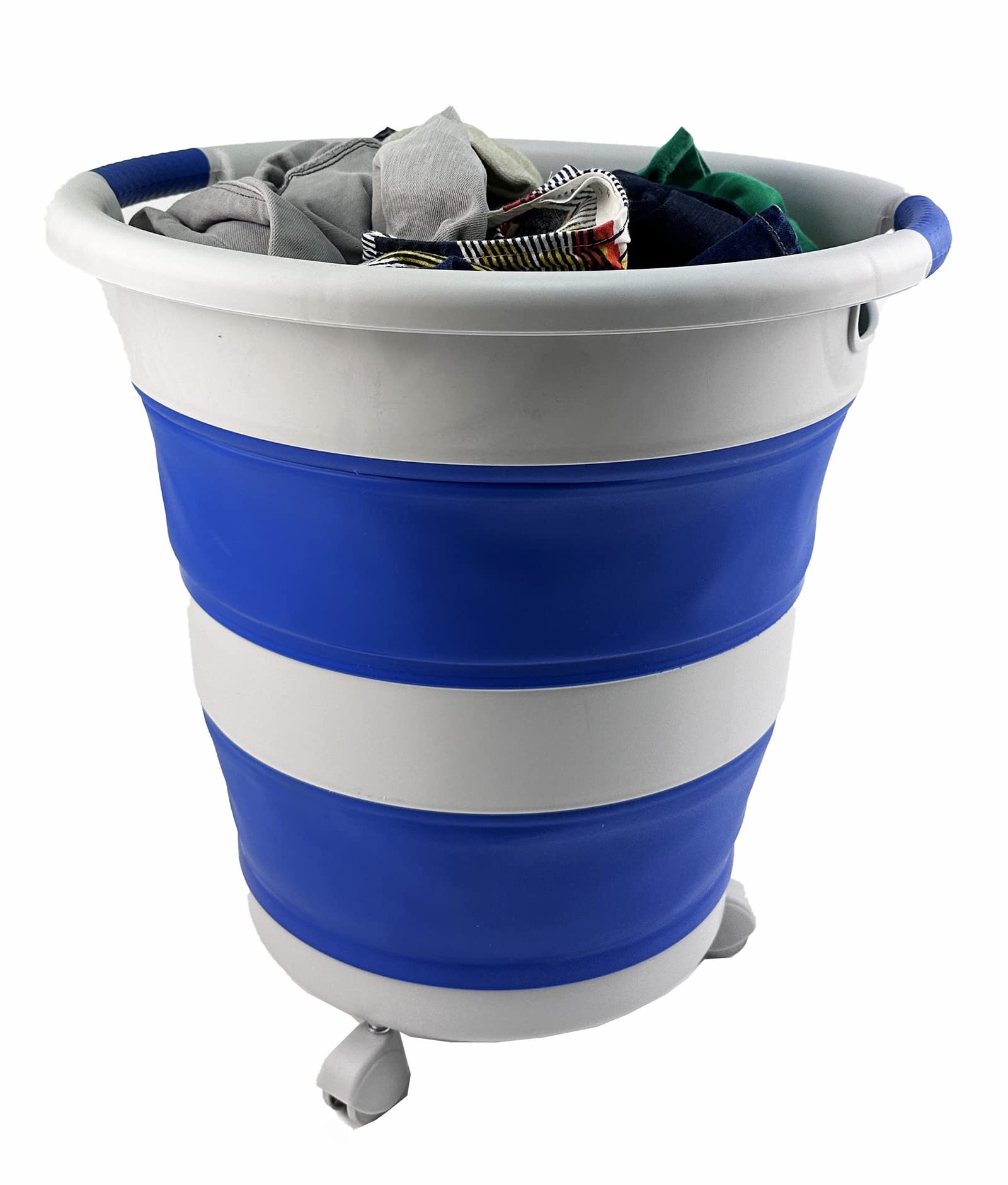 SAMMART 34L (8.9 Gallons) Collapsible Plastic Laundry Basket with Wheels - Foldable Pop Up Storage Container/Organizer with wheels (Grey/Purplish Blue)