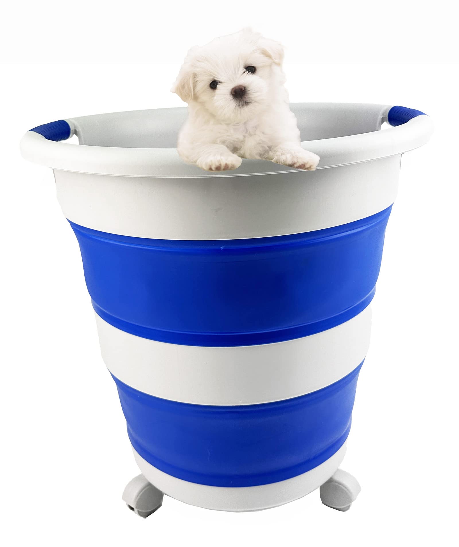 SAMMART 34L (8.9 Gallons) Collapsible Plastic Laundry Basket with Wheels - Foldable Pop Up Storage Container/Organizer with wheels (Grey/Purplish Blue)