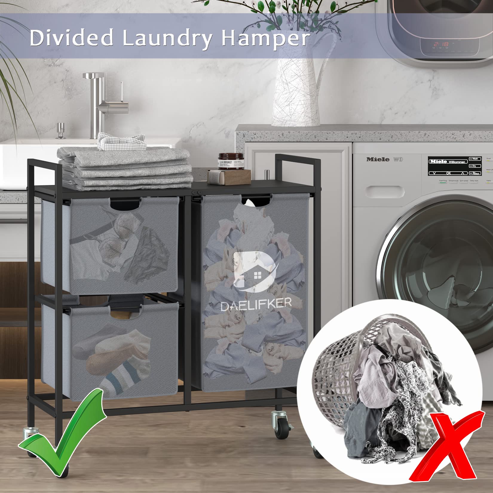DAELIFKER Laundry Basket, Laundry Hamper 3 Section with Wheels, One Shelf, Metal Frame and Removable Laundry Sorter Bags, Clothes Hampers for Laundry Room (Grey, 85 L)