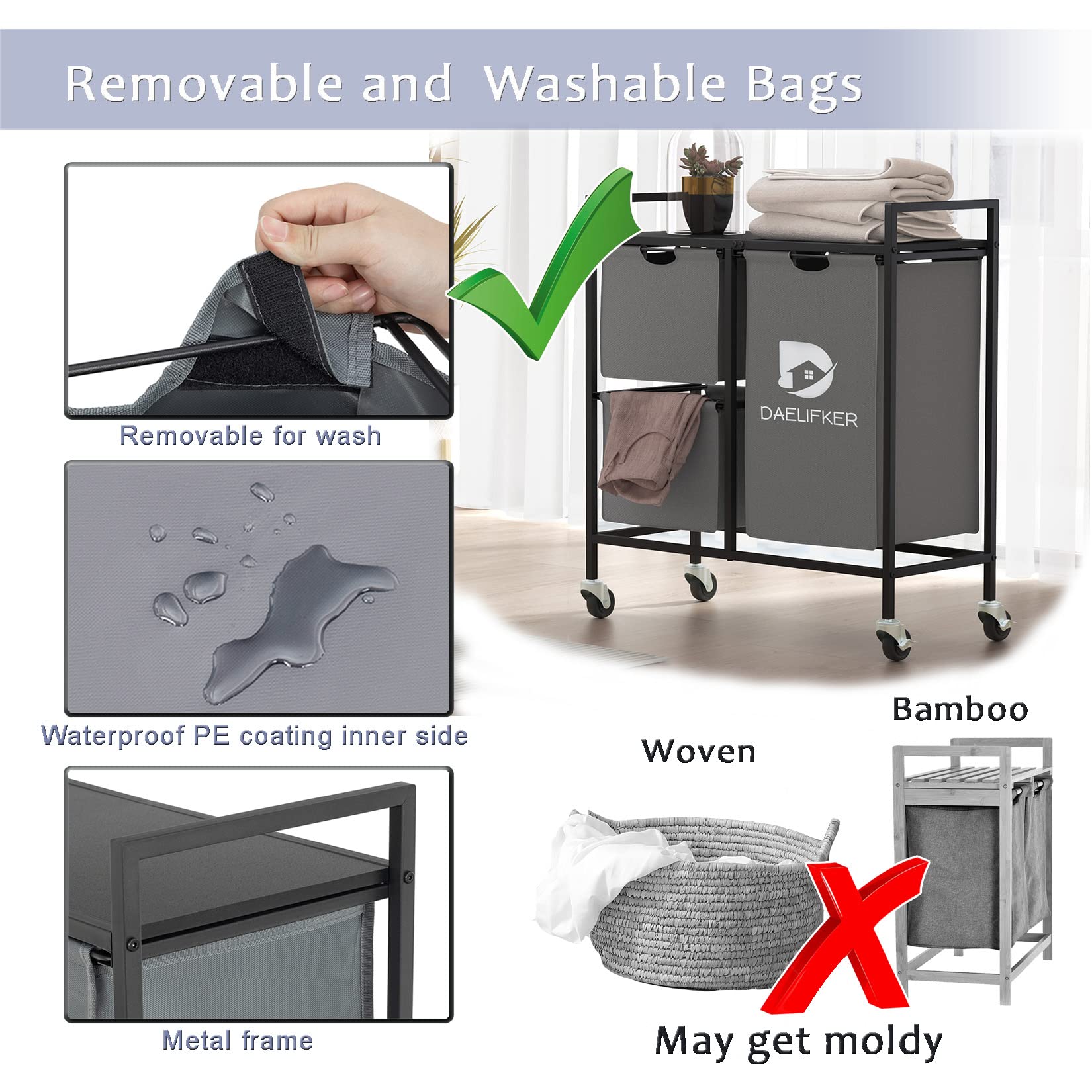 DAELIFKER Laundry Basket, Laundry Hamper 3 Section with Wheels, One Shelf, Metal Frame and Removable Laundry Sorter Bags, Clothes Hampers for Laundry Room (Grey, 85 L)