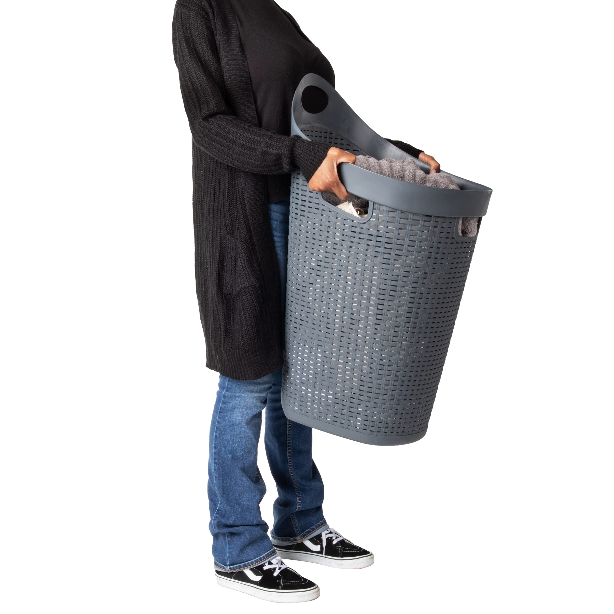 Mind Reader 60L Rolling Laundry Hamper, Clothes Basket, Wheels, Wicker Style, Plastic, 19.5"L x 14.75"W x 29.25"H, Grey