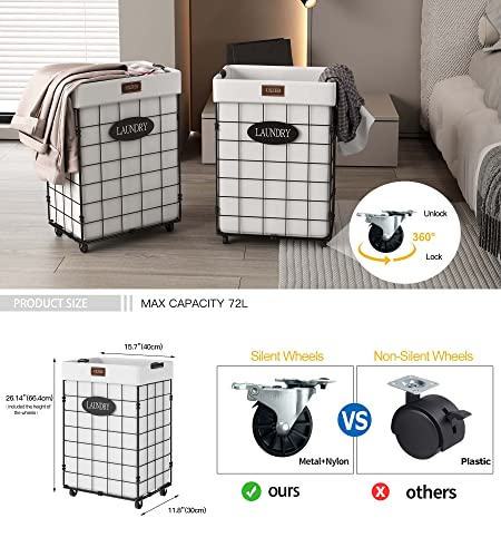 Wire laundry Basket with Wheels & Removable Liner Bag for Bedroom, Small 72L Laundry Hampers Black Rolling Baskets Dirty Clothes Hamper on Wheels Cesto de Ropa Sucia Canastos Para Ropa Sucia