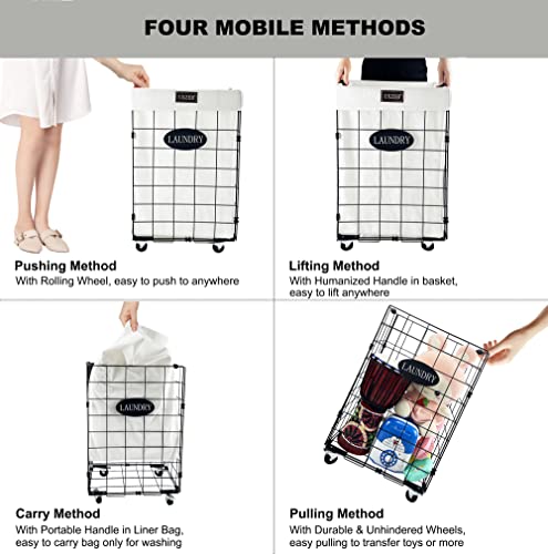 Wire laundry Basket with Wheels & Removable Liner Bag for Bedroom, Small 72L Laundry Hampers Black Rolling Baskets Dirty Clothes Hamper on Wheels Cesto de Ropa Sucia Canastos Para Ropa Sucia