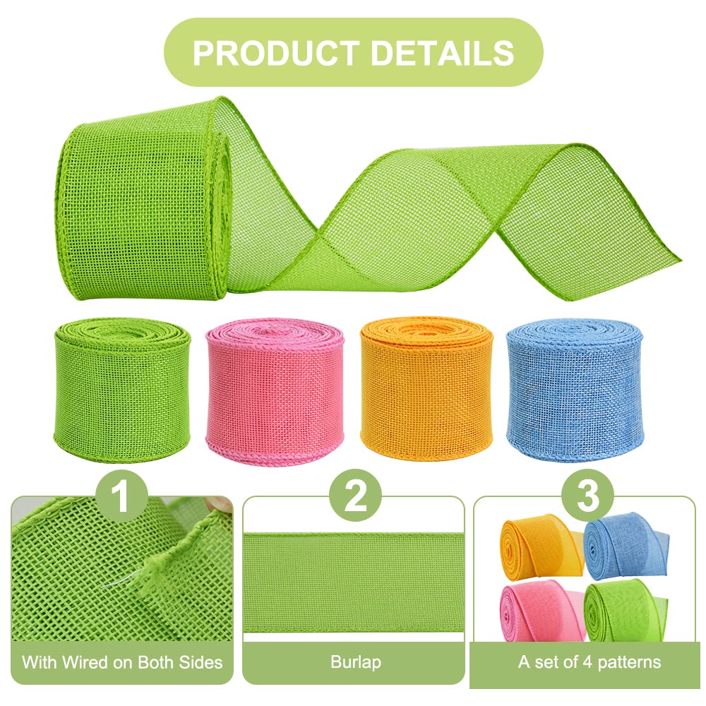 TONIFUL 4 Rolls Easter Ribbon, Burlap Wired Ribbons, Yellow, Pink, Baby Blue, Green, Faux Burlap Ribbon, for Easter Home Decor Wreath Front Door Gift Wrapping Tree Topper Bow Crafts (2 Inch x 40 yds)