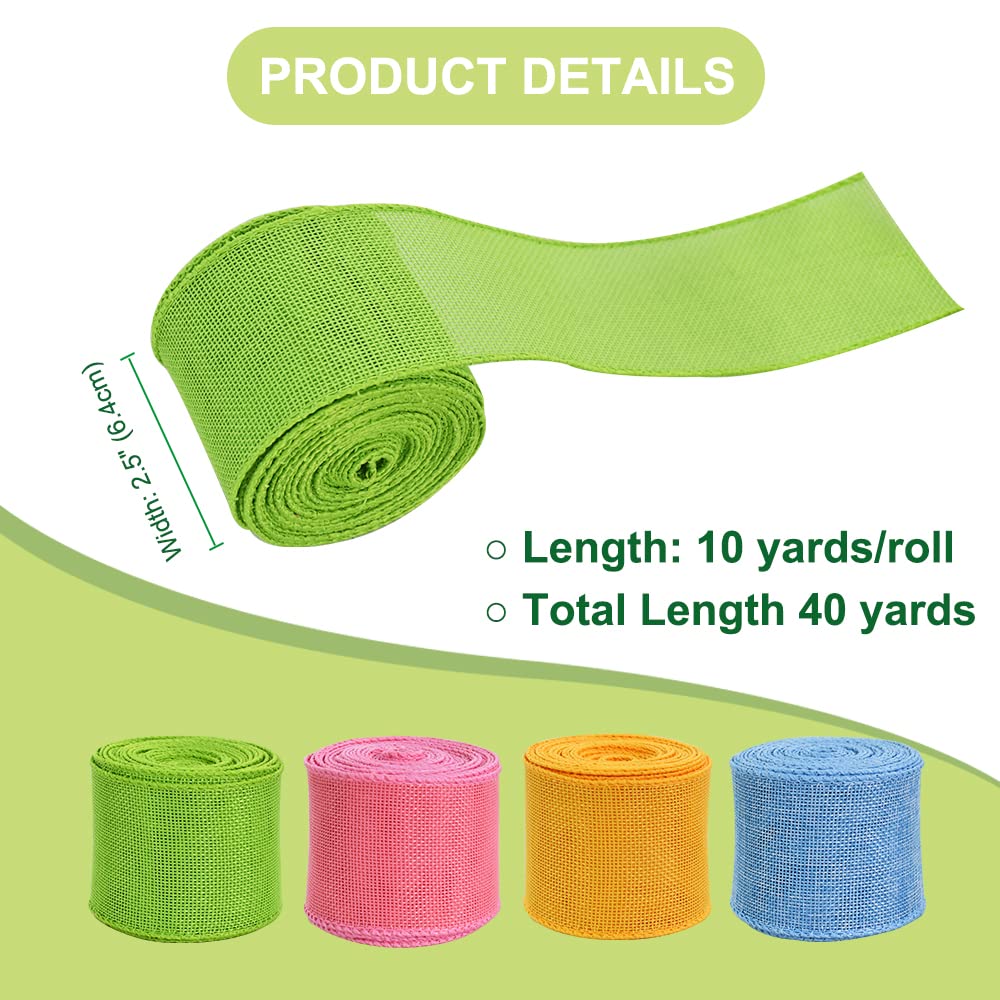 TONIFUL 4 Rolls Easter Ribbon, Burlap Wired Ribbons, Yellow, Pink, Baby Blue, Green, Faux Burlap Ribbon, for Easter Home Decor Wreath Front Door Gift Wrapping Tree Topper Bow Crafts (2 Inch x 40 yds)