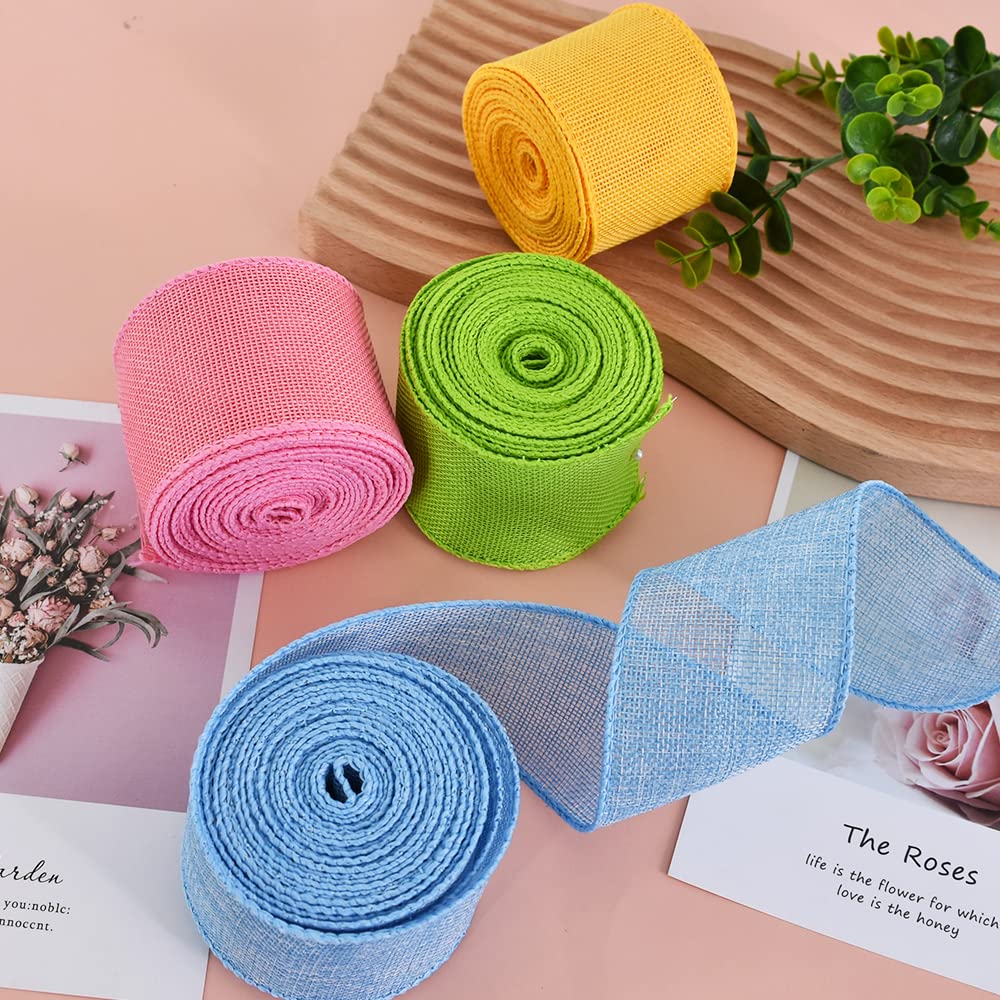 TONIFUL 4 Rolls Easter Ribbon, Burlap Wired Ribbons, Yellow, Pink, Baby Blue, Green, Faux Burlap Ribbon, for Easter Home Decor Wreath Front Door Gift Wrapping Tree Topper Bow Crafts (2 Inch x 40 yds)