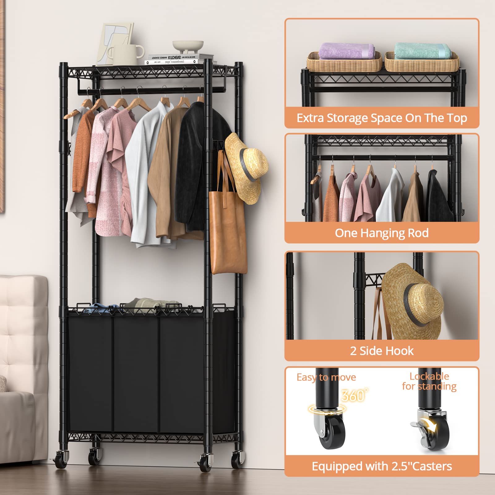 Hodonas Rolling Laundry Basket Organizer with Wheels and Hanging Bar, Laundry Hamper Cart Laundry Sorter 3 Section, Dirty Clothes Hampers for Laundry Bedroom Bathroom w/ 3 Removeable Bags, Black