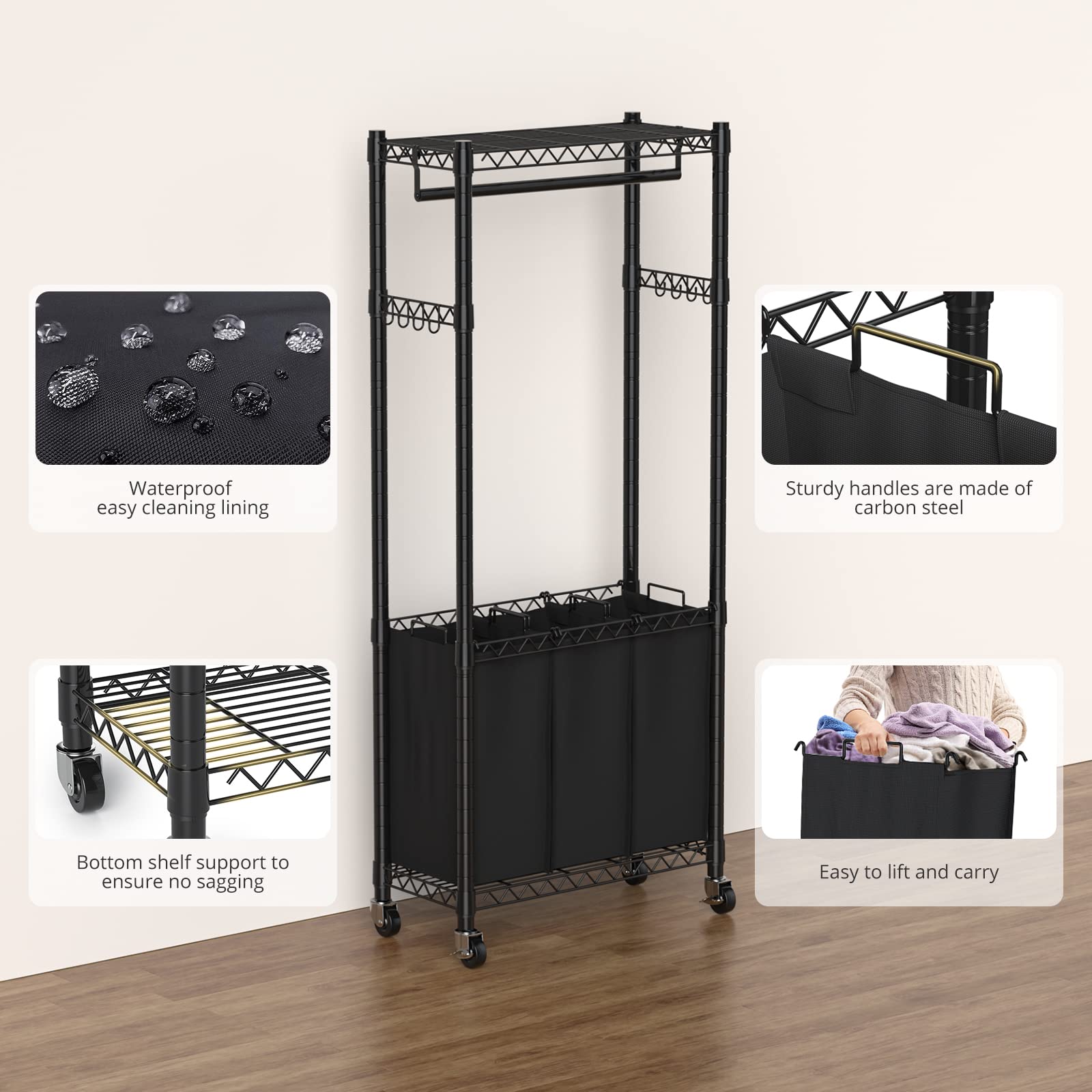 Hodonas Rolling Laundry Basket Organizer with Wheels and Hanging Bar, Laundry Hamper Cart Laundry Sorter 3 Section, Dirty Clothes Hampers for Laundry Bedroom Bathroom w/ 3 Removeable Bags, Black