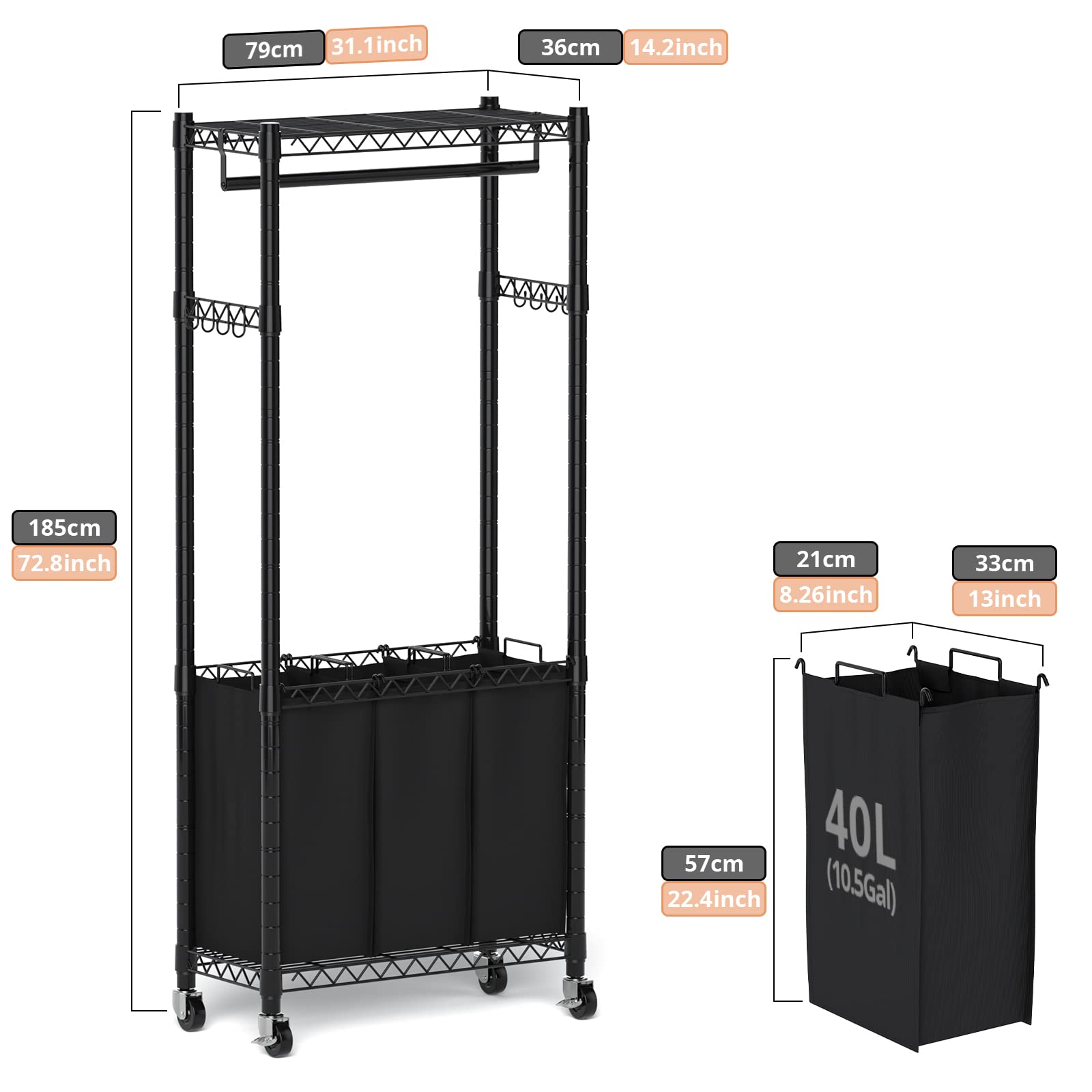 Hodonas Rolling Laundry Basket Organizer with Wheels and Hanging Bar, Laundry Hamper Cart Laundry Sorter 3 Section, Dirty Clothes Hampers for Laundry Bedroom Bathroom w/ 3 Removeable Bags, Black