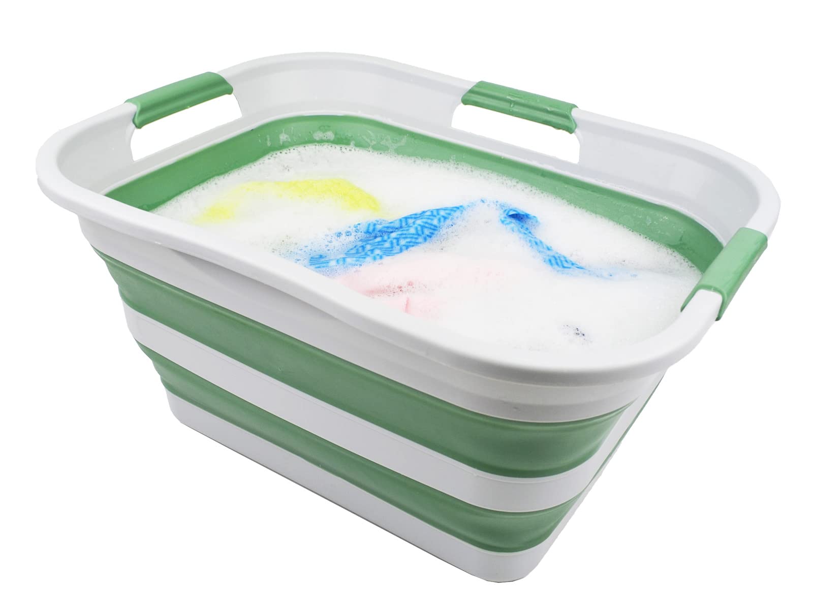 SAMMART 30L(8 gallon) Collapsible Plastic Laundry Basket-Foldable Pop Up Storage Container/Organizer-Portable Washing Tub-Water capacity: 24L(6.3 gallon) (Grey/Dark Sea Green (Set of 2))