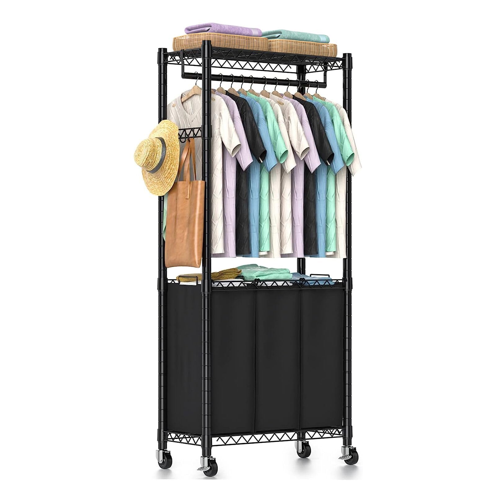 Hodonas Rolling Laundry Basket Organizer with Wheels and Hanging Bar, Laundry Hamper Cart Laundry Sorter 3 Section, Dirty Clothes Hampers for Laundry Bedroom Bathroom w/ 3 Removeable Bags, Black