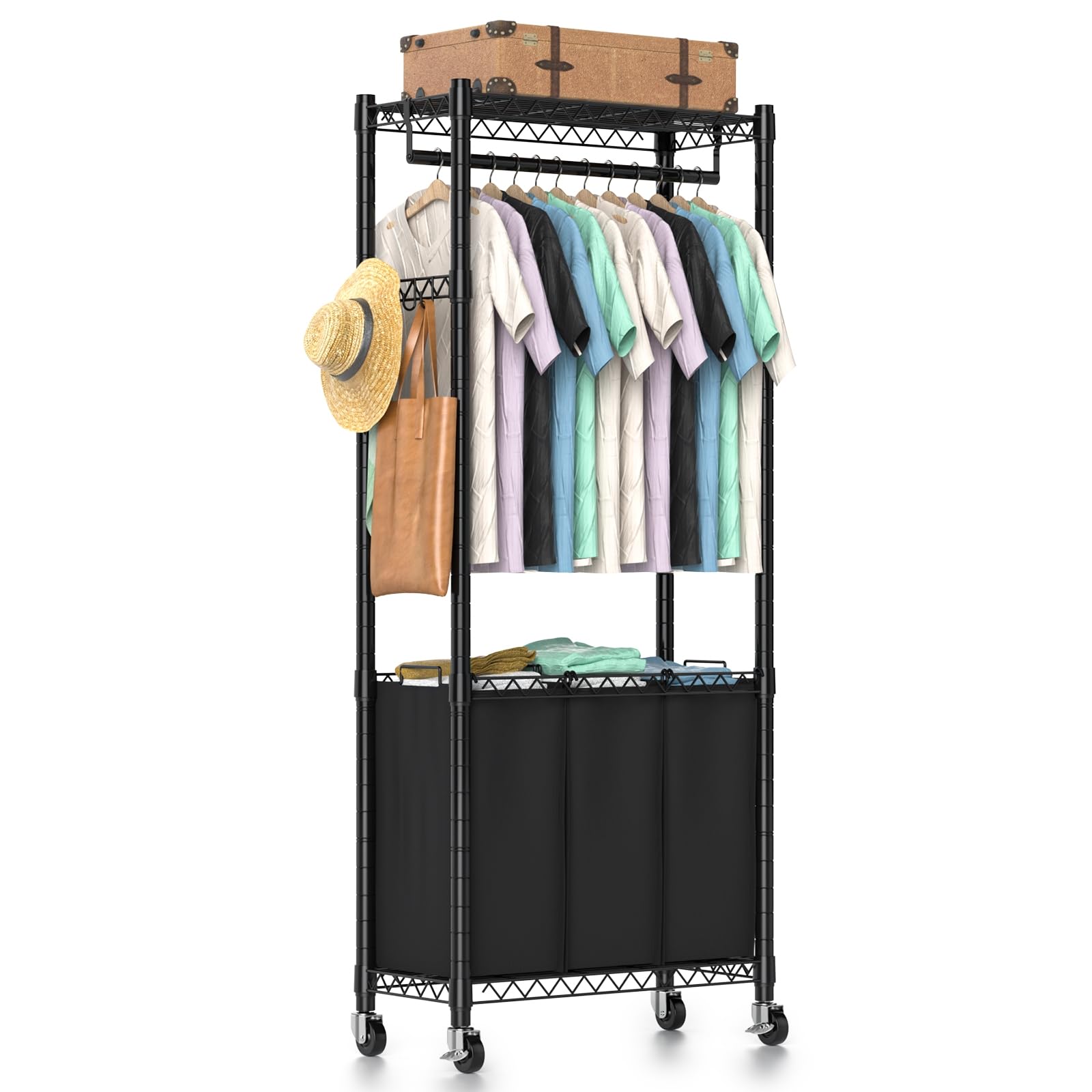 Hodonas Rolling Laundry Basket Organizer with Wheels and Hanging Bar, Laundry Hamper Cart Laundry Sorter 3 Section, Dirty Clothes Hampers for Laundry Bedroom Bathroom w/ 3 Removeable Bags, Black