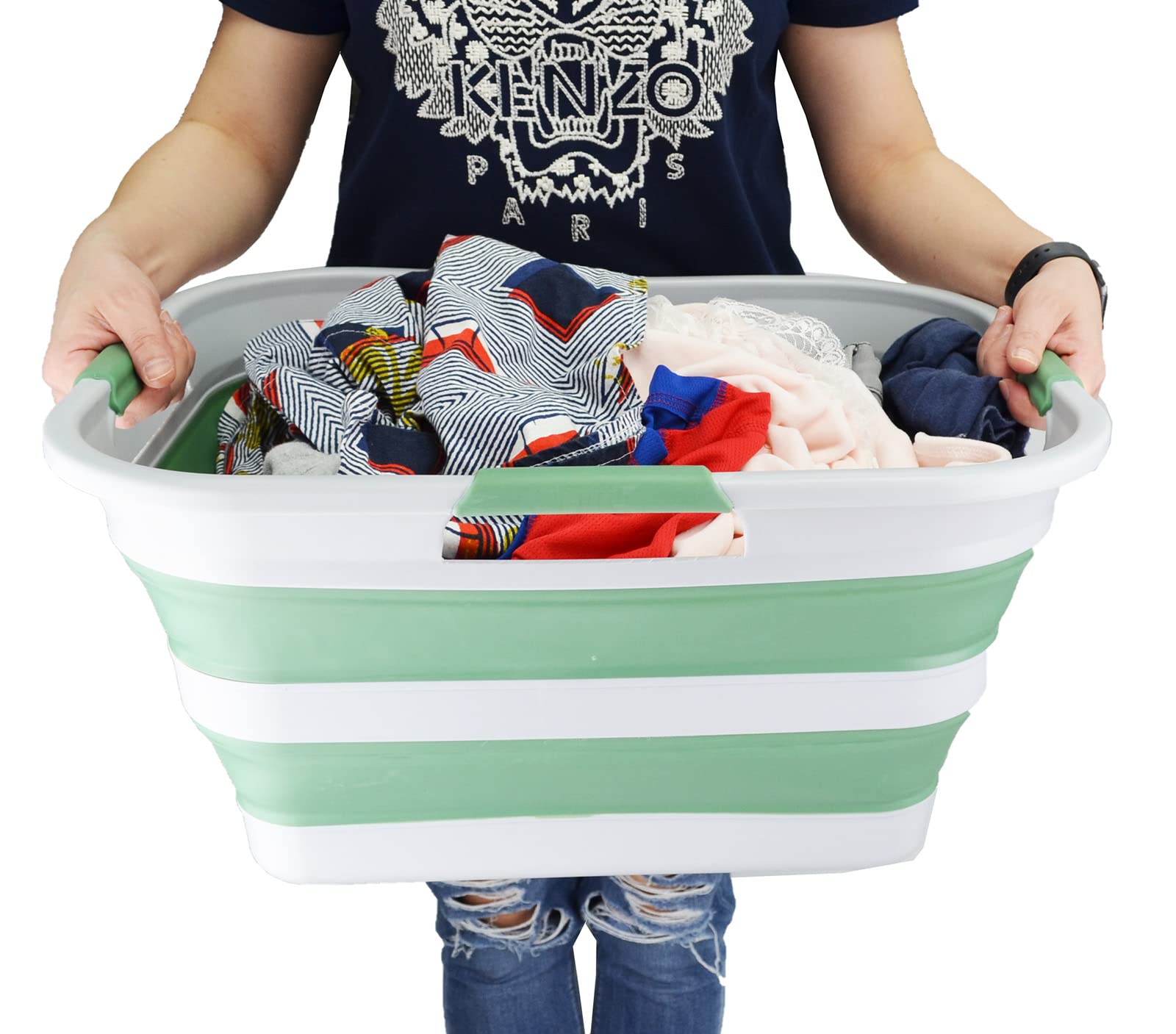 SAMMART 30L(8 gallon) Collapsible Plastic Laundry Basket-Foldable Pop Up Storage Container/Organizer-Portable Washing Tub-Water capacity: 24L(6.3 gallon) (Grey/Dark Sea Green (Set of 2))