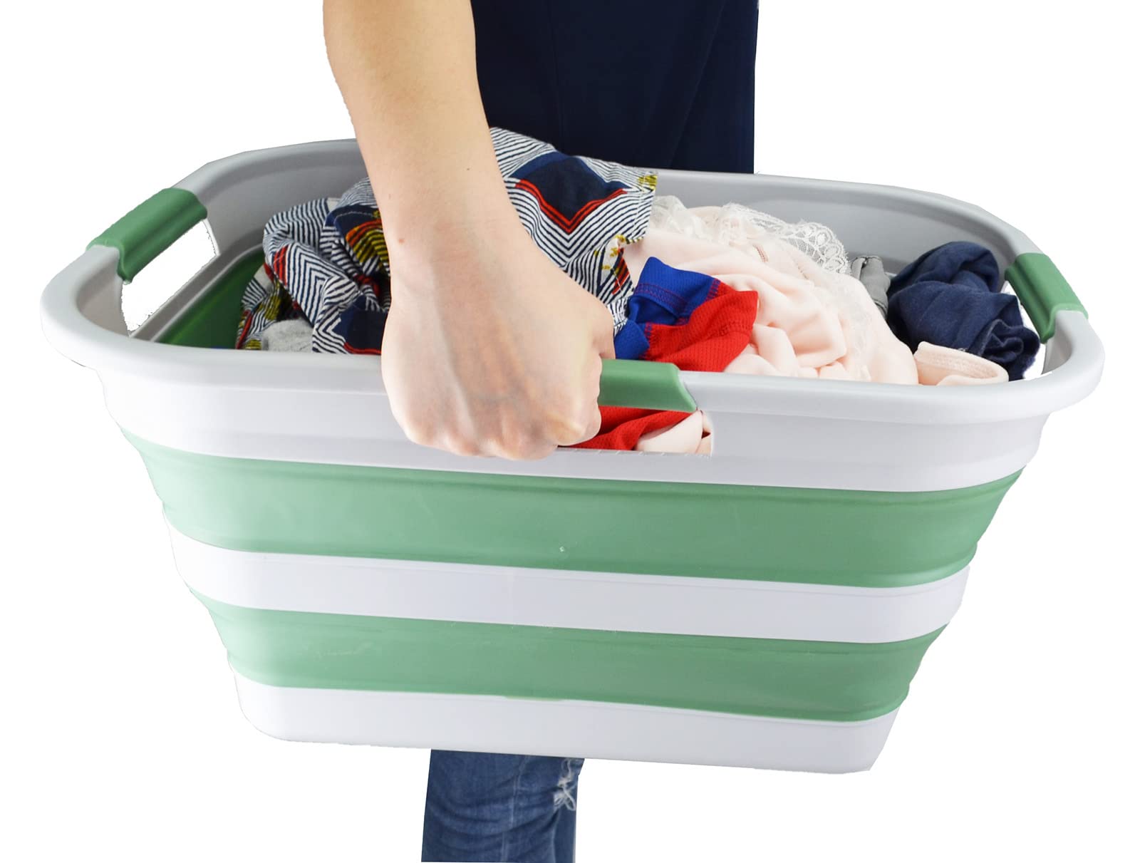 SAMMART 30L(8 gallon) Collapsible Plastic Laundry Basket-Foldable Pop Up Storage Container/Organizer-Portable Washing Tub-Water capacity: 24L(6.3 gallon) (Grey/Dark Sea Green (Set of 2))