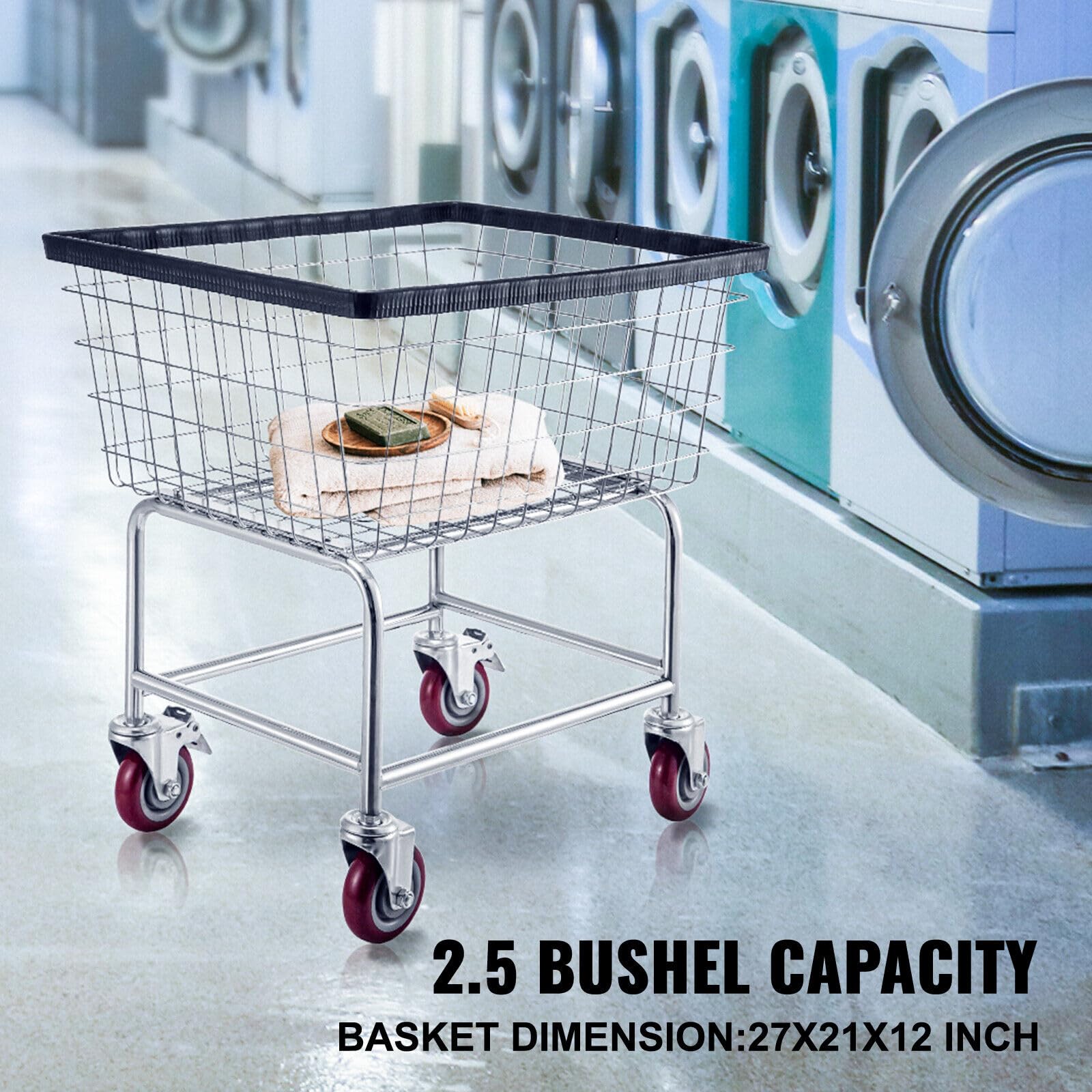 Wire Laundry Cart Wire Laundry Basket 2.2 Bushel Heavy Duty w/ 5'' Wheels