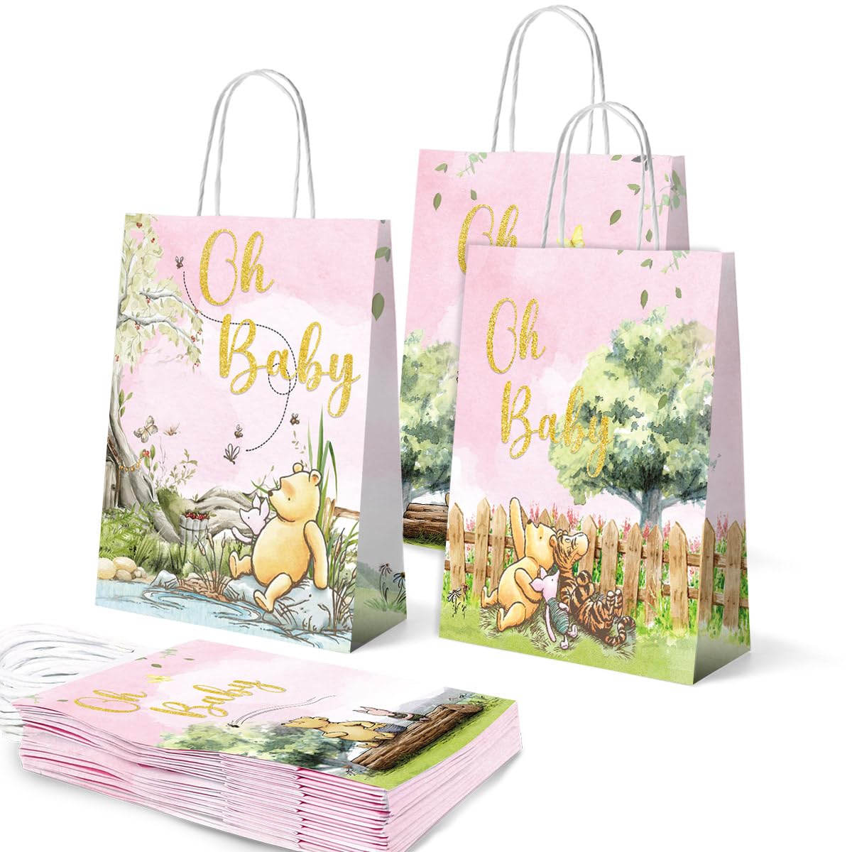 Alohafall Classic Winnie Gift Bags Set for Girl Baby Shower NewBorn Kids Child 1st Party,12PCS Party Favor Paper Bag with Handle for Goodie, Candy, Donut, Cupcake, Cookie Treat, Return Gifts