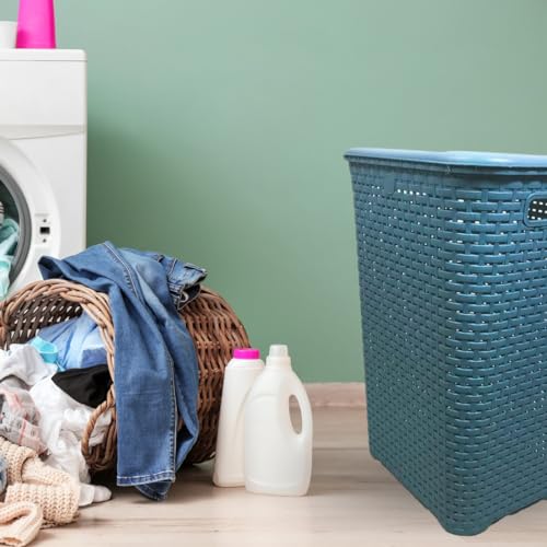 Elly décor Rattan 12 gallons Tall Plastic Laundry Hamper, Laundry Basket with Cutout Handles, Washing Bin, Dirty Clothes Storage, Bathroom, Bedroom, Closet, 48 lts blue
