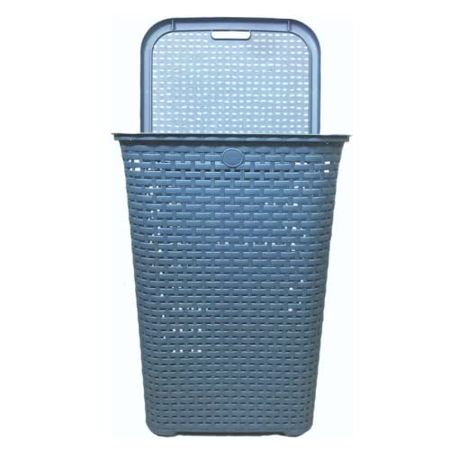 Elly décor Rattan 12 gallons Tall Plastic Laundry Hamper, Laundry Basket with Cutout Handles, Washing Bin, Dirty Clothes Storage, Bathroom, Bedroom, Closet, 48 lts blue
