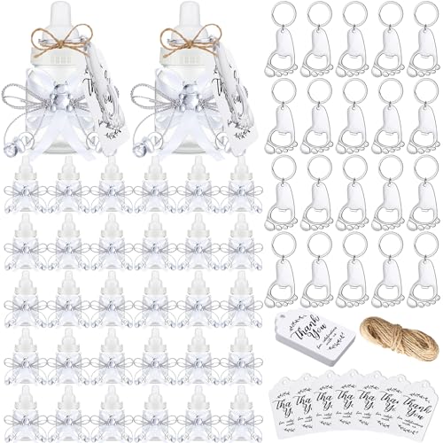 108 Pcs Baby Shower Bottle Favors 36 Pcs Baby Mini Milk Bottle 36 Pcs Baby Footprint Keychain Bottle Openers 36 Pcs Thanks Tags Party Gift for Girl Boy Baby Shower Decorations (White, Silver)