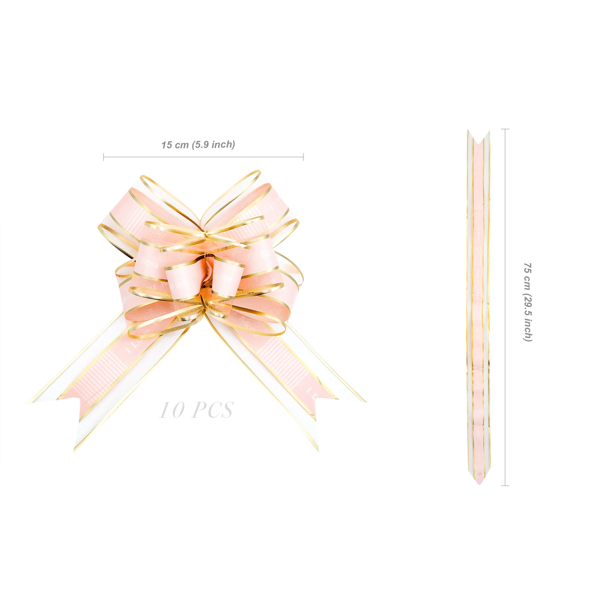 10 Pcs 6" Large, Wedding Pull Bow Organza Striped Ribbon String, Pull Bows, String Bows, Basket Pull Bows, Wedding Party Bridal Giftwrap Wrapping Bows -Pink