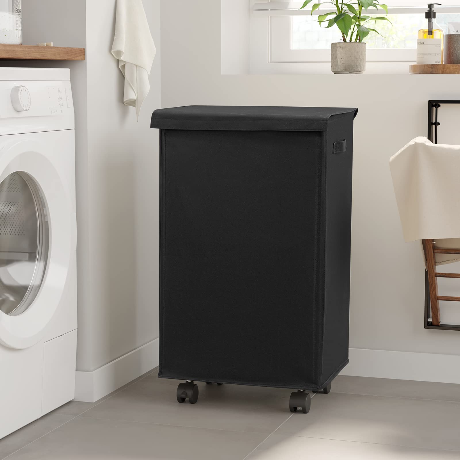 WOWLIVE 90L Large Laundry Hamper with Lid and Wheels Rolling Collapsible Laundry Basket Handle Foldable Tall Dirty Clothes Hamper Dorm Room Storage for Bedroom Bathroom, Black