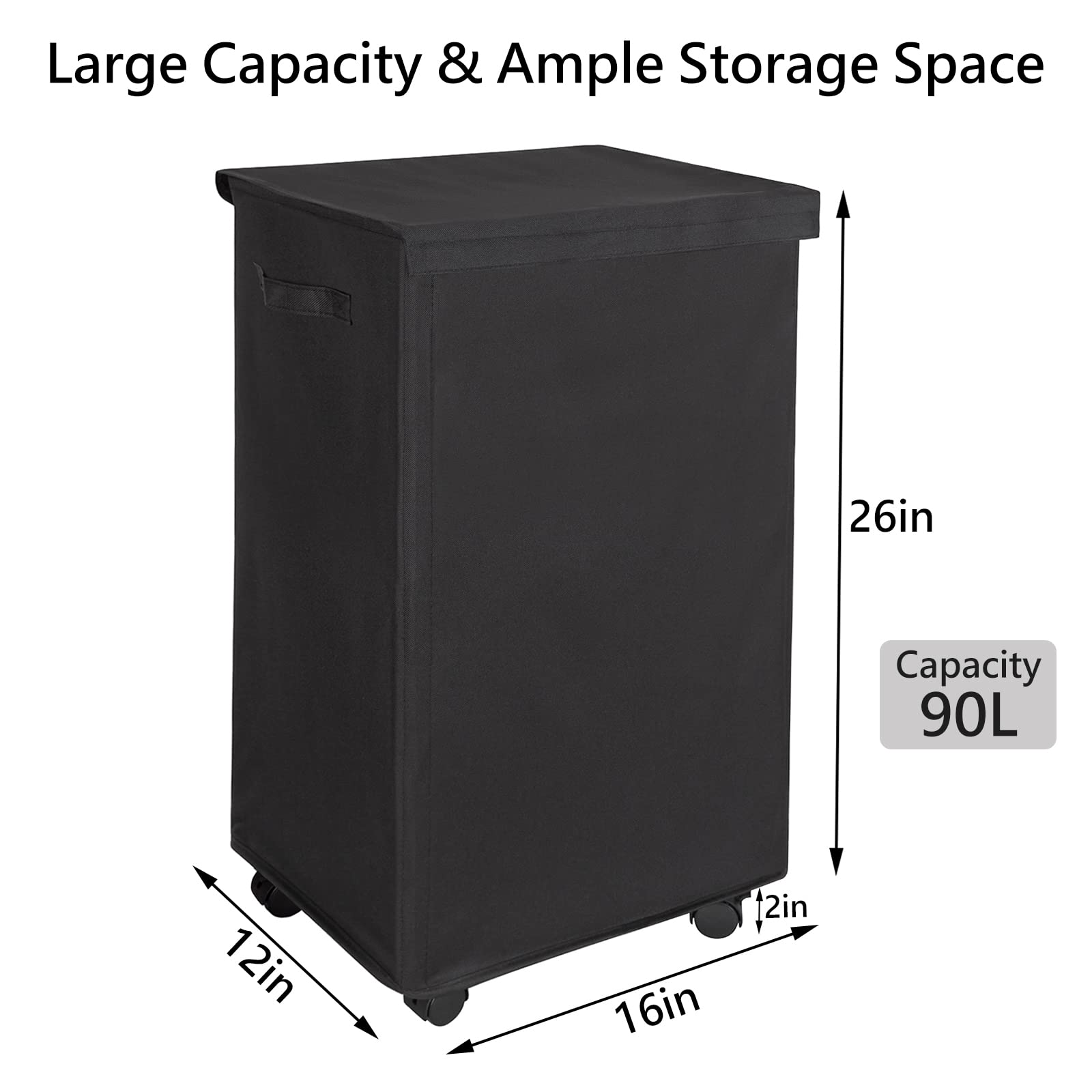 WOWLIVE 90L Large Laundry Hamper with Lid and Wheels Rolling Collapsible Laundry Basket Handle Foldable Tall Dirty Clothes Hamper Dorm Room Storage for Bedroom Bathroom, Black