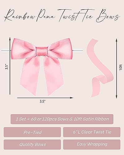 RainbowPana 60 Pack 3.5" Twist Tie Bows and 10ft Ribbon, Luxury Pink Satin Ribbon Pretied Bows, Premade Craft Decoration for Package Cake Pop Favors Cookie, Gift Wrapping Baby Shower Wedding