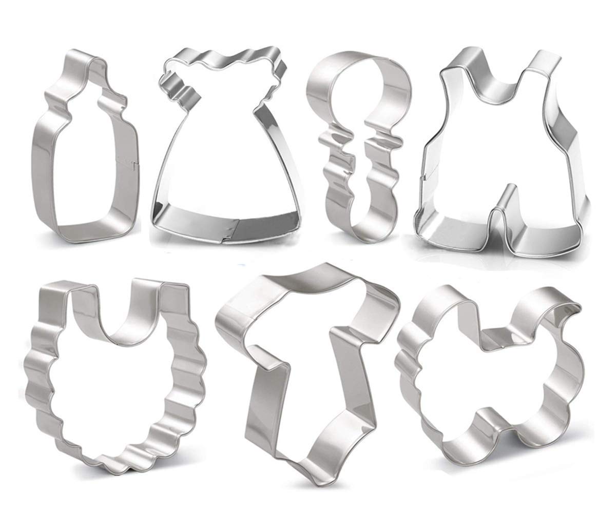 7- Pieces Baby Bottle Baby Clothes Baby Stroller Bell Baby Apron Baby Shower Cookie Cutter Set - Stainless Steel