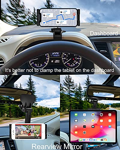 Dashboard Clip Car Phone Mount, woleyi Car Sun Visor & Rearview Mirror Clamp Phone Tablet Holder with Adjustable Arm for iPhone 13 Pro Max 12 11 XS XR X 8 7 6, iPad, More 4-11" Cell Phones and Tablets