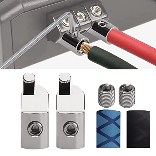 BILLFARO 2Pcs 1/0 Gauge to 4 Gauge Input Wire Gauge Reducer,Offset Angled Amp Input Reducers Cable PIN Power Ground Reducers Connection Brass with Nickel Plated